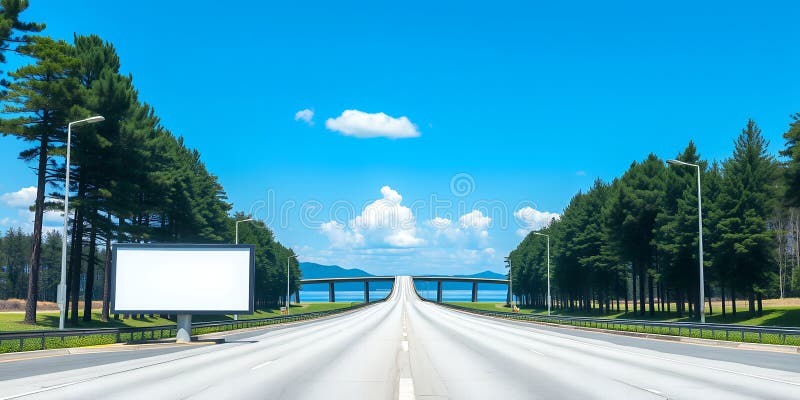 A Highway Leading To a Bridge Over Water with Trees and a Billboard ...