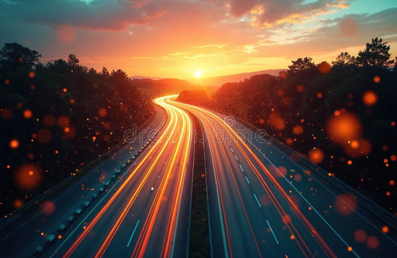 Highway with Light Trails at Sunset. Fast Transportation, Global ...