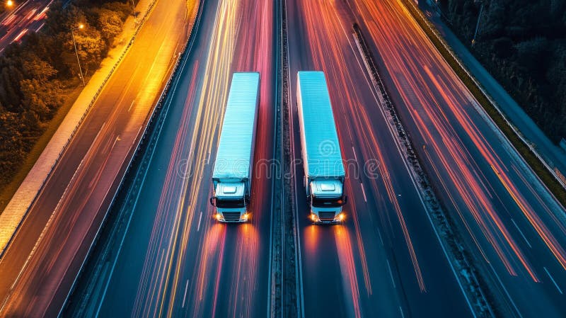 Highway Lights Create Trails As Delivery Trucks Drive through the Night ...
