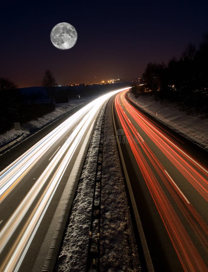 Highway at Night with Full Moon Stock Photo - Image of full, speed ...