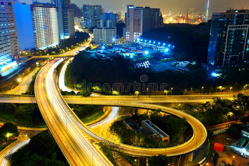 Highway at Night in Modern City Stock Image - Image of movement ...