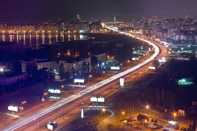 Highway at Night in Modern City. Aerial View of Cityscape Stock Photo ...