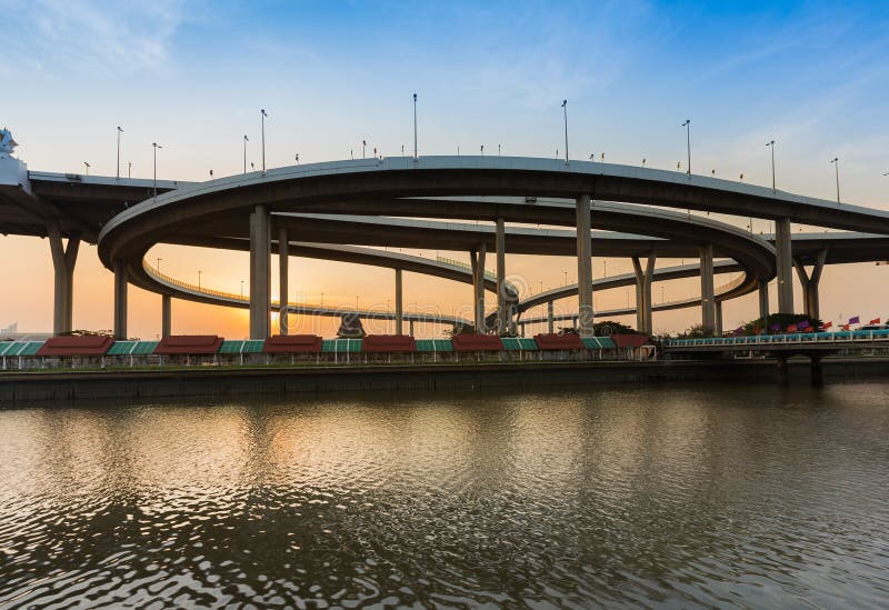 Highway Overpass Intersection Water Front with Sunset Sky Background ...