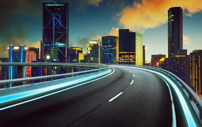 Highway Overpass Motion Blur with City Background Stock Photo - Image ...