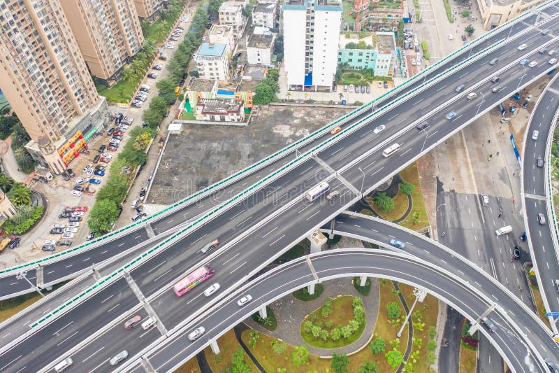 Highway interchange aerial stock photo. Image of skyscraper - 138491804