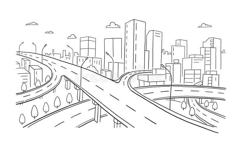 Highway Road Junction in the City. Hand-Drawn Vector Sketch. Stock ...