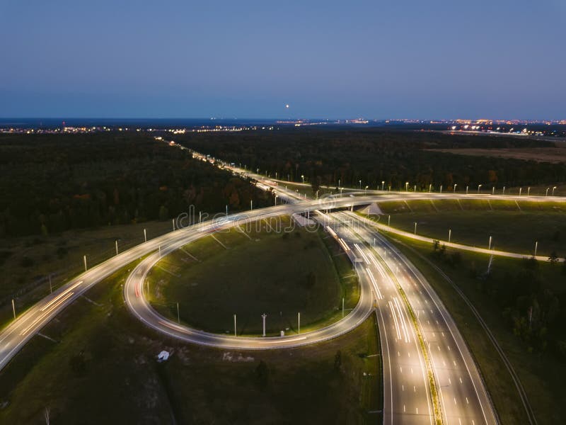 Highway Road Junction at Night, Top View from Drone Stock Image - Image ...