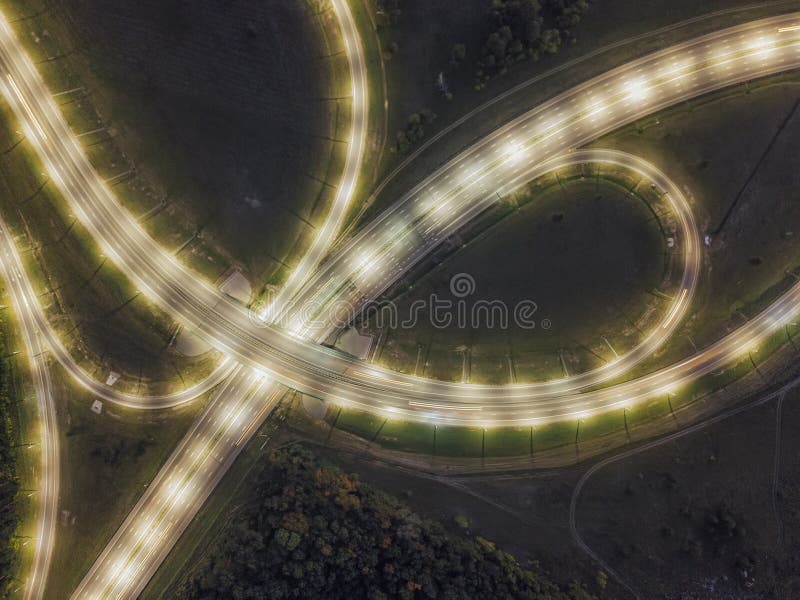 Highway Road Junction at Night, Top View from Drone Stock Photo - Image ...