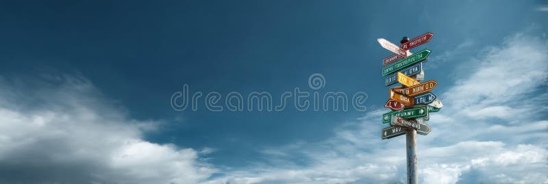 Highway Road Sign Displaying Various City Directions Under a Bright Sky ...