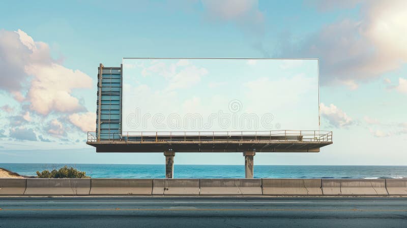 A Highway Road with a White Blank Billboard on a Bridge Over the Sea ...