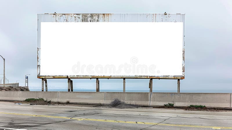 A Highway Road with a White Blank Billboard on a Bridge Over the Sea ...