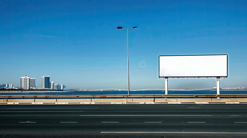 A Highway Road with a White Blank Billboard on a Bridge Over the Sea ...