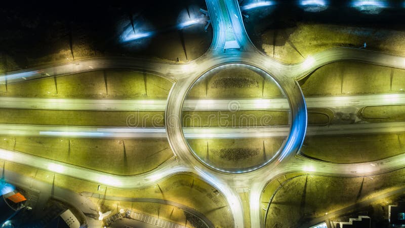 Highway Roundabout Aerial at Night Stock Photo - Image of transport ...