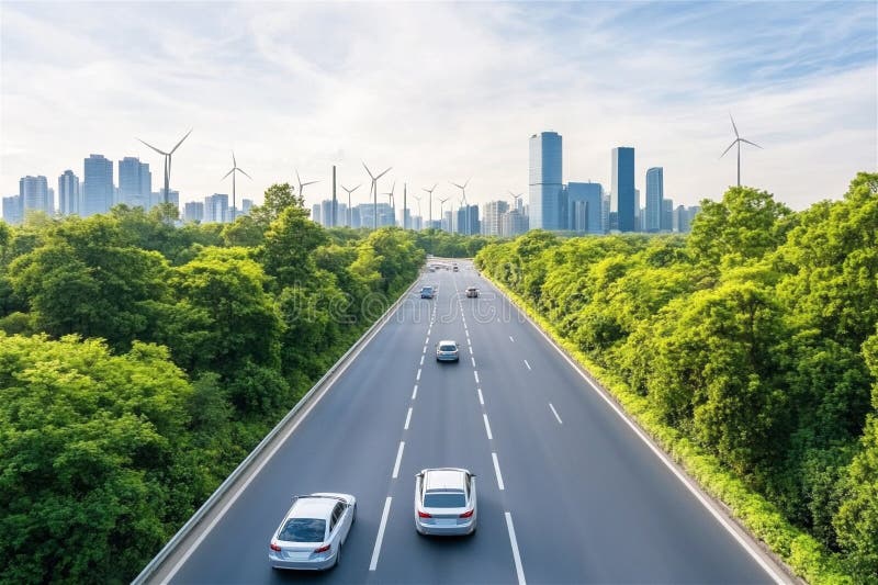 Highway Running through a Lush Green Forest with a Bright Blue Sky ...
