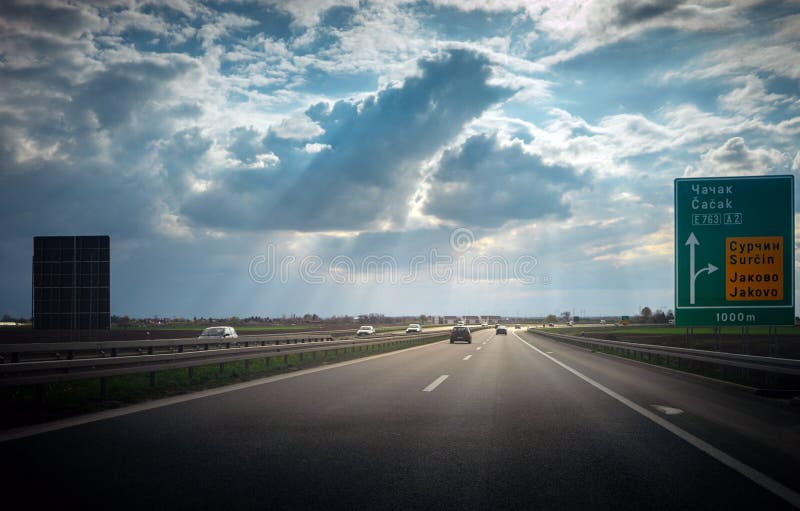 Highway Sign for Cacak or Surcin Stock Photo - Image of landscape ...