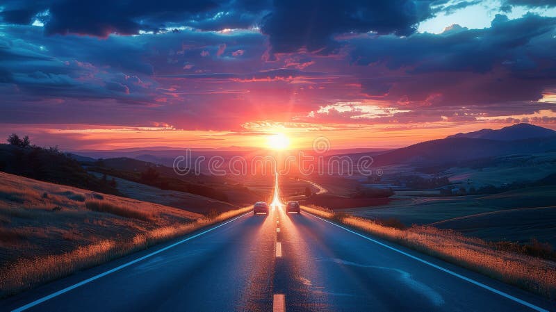 Highway with Sunset Background Stock Image - Image of evening, yellow ...
