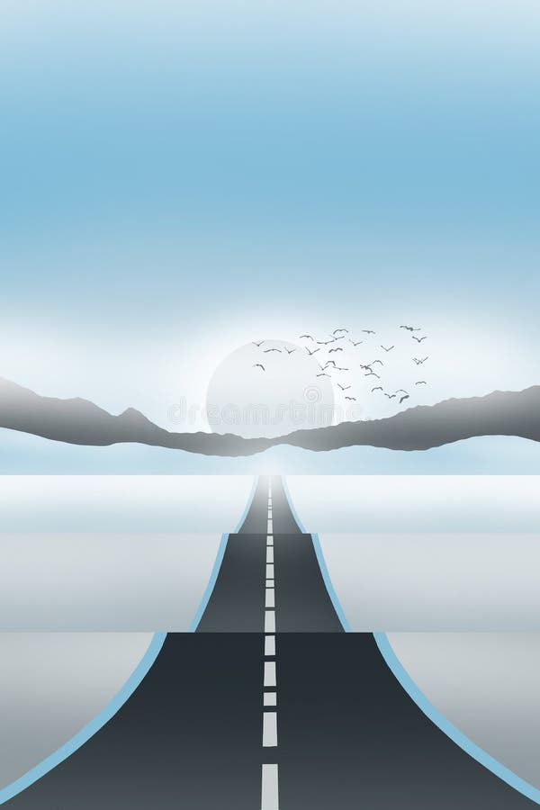 Highway Sunset Landscape Illustration With Distant Mountains Stock ...