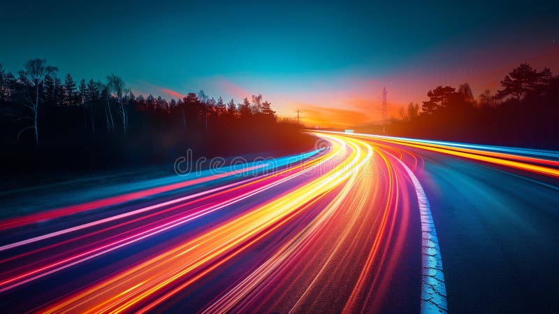 A Highway at Sunset with Light Trails Stock Illustration - Illustration ...