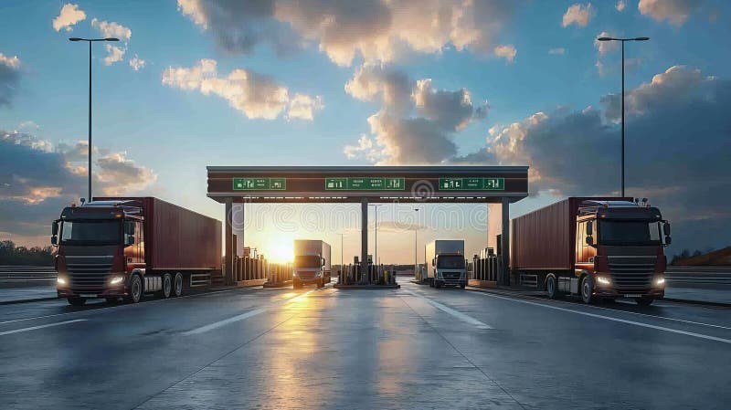 Highway Toll Booth 3D Rendering with Freight Trucks 8K Resolution Stock ...