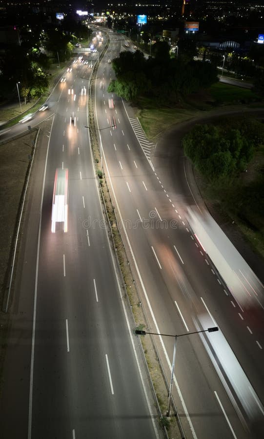 Highway Traffic at Night, High Angle Aerial View. Long Exposure ...