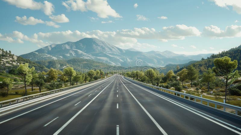 A Highway with Trees and Mountains in the Background, AI Stock Image ...