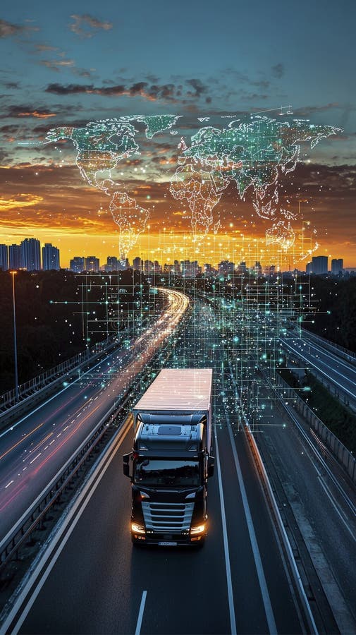 Highway Truck Under Digital Networked World Map Stock Illustration ...