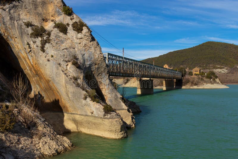 Highway with Tunnel and Iron Bridge Over a Reservoir Stock Image ...