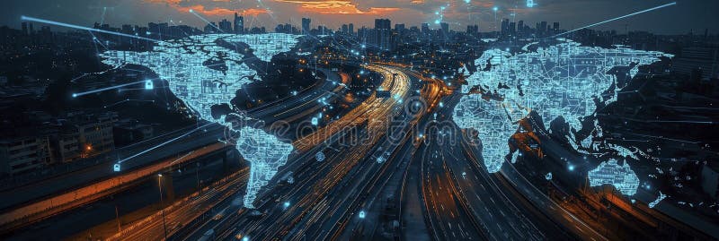 Highway with Twin Glowing Digital World Map Views Stock Illustration ...