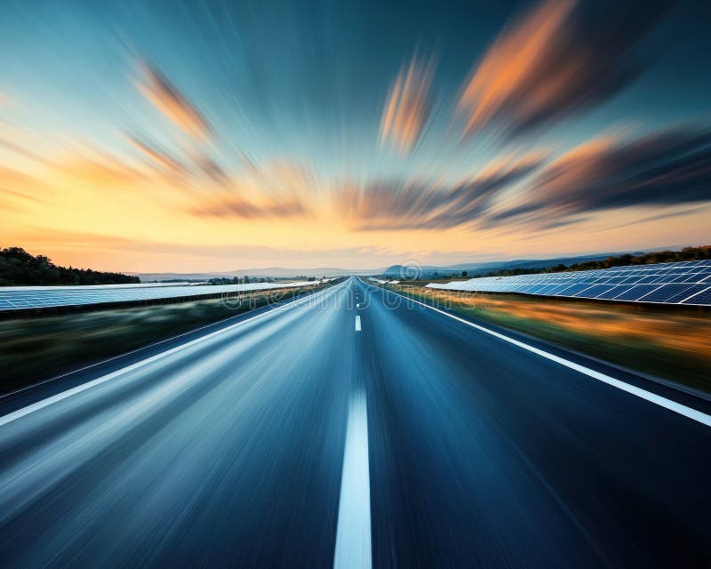 Highway View with Motion Blur Focus on Solar Panels Stock Illustration ...