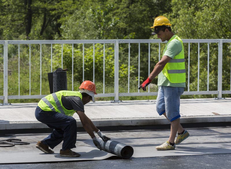 Highway Workers Waterproof Bridge Editorial Photo - Image of overpass ...