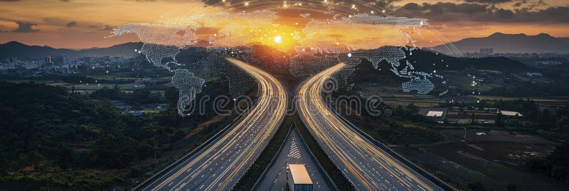 Highways Converge Under Digital World Map at Sunset Stock Illustration ...