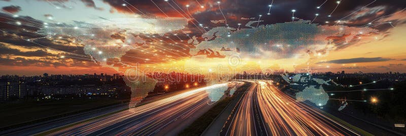 Highways with Dynamic World Map and Light Trails Stock Illustration ...