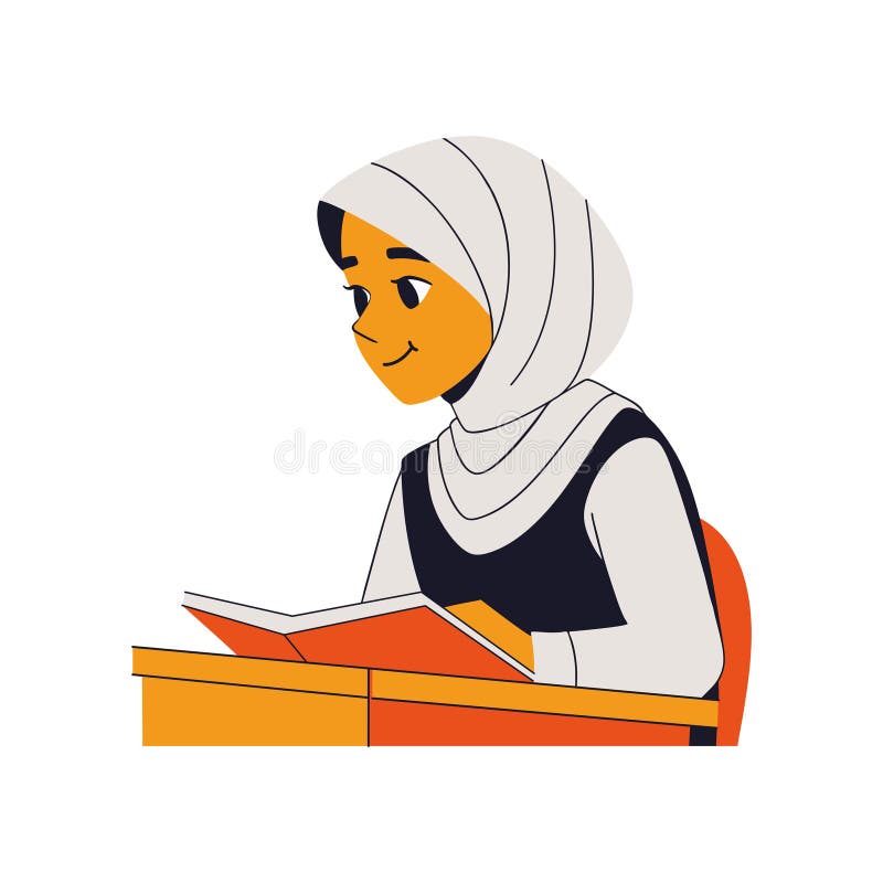 Hijab Student Studying Reading Book Stock Vector - Illustration of ...
