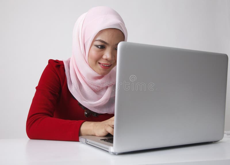 Hijab using computer stock photo. Image of computer, head - 85186532