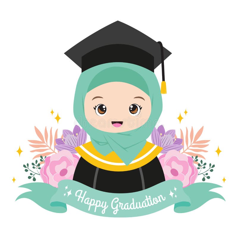 Cute Muslim Woman Student Graduation Cartoon Character Stock Vector ...