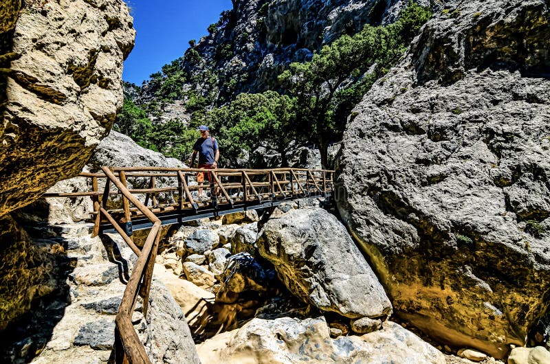 Man Hiking in the Canyons and Mountains in Crete Stock Photo - Image of ...