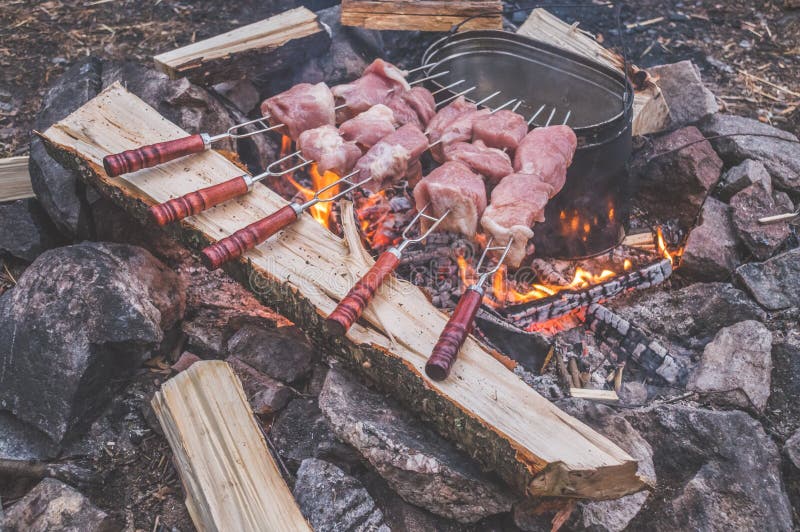Hike on the Fire Fry Meat, BBQ Facilities Stock Image - Image of heat ...