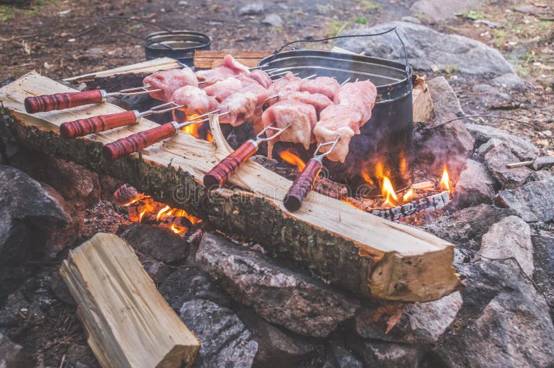 Hike on the Fire Fry Meat, BBQ Facilities Stock Photo - Image of hiking ...