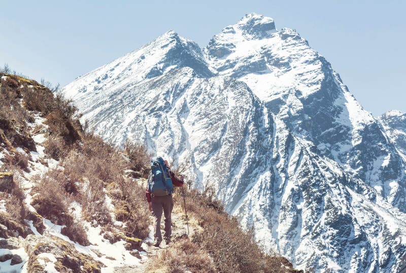 Hike in Himalayas stock photo. Image of mountains, clouds - 117384220