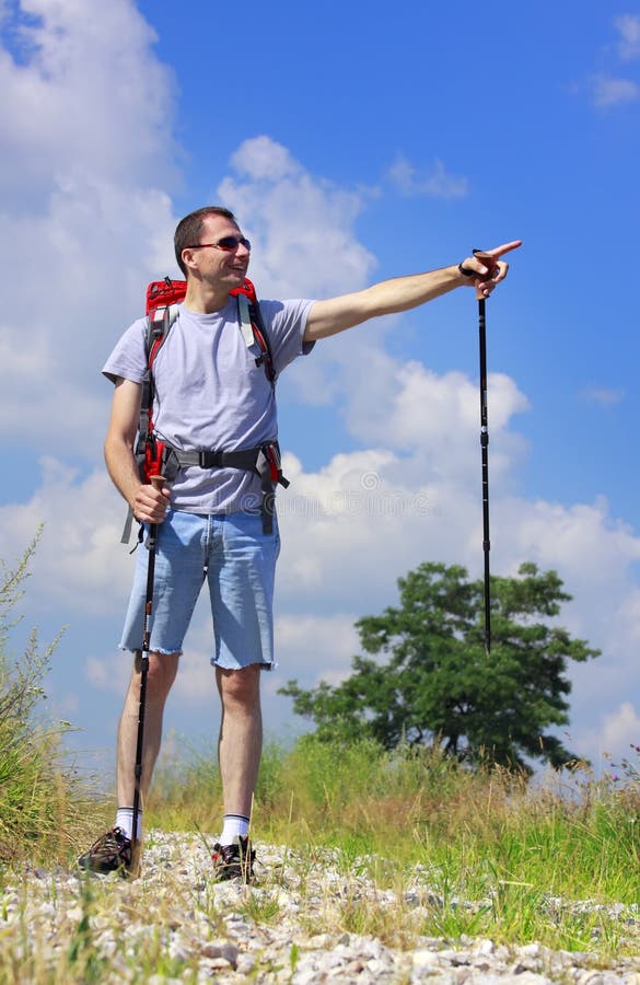 Walking Hiker on Stony Path Stock Photo - Image of caucasian, blue ...