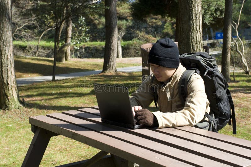 Hiker with laptop stock image. Image of computer, brook - 7073393