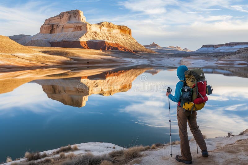 Hiker Admiring Reflection on Desert Lake at Sunset Stock Illustration ...
