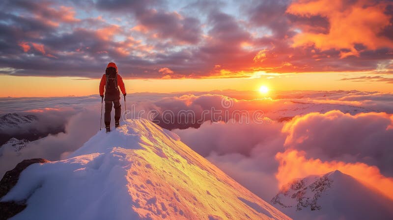Hiker Admiring the Sunset from the Summit of a Snow-covered Peak Stock ...