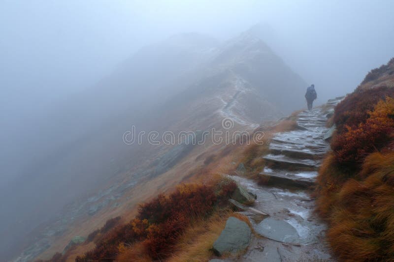 Hiker Ascending Foggy Mountain Path Stock Illustration - Illustration ...