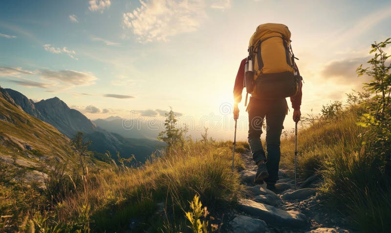 Hiker Ascending Mountain Trail Sunset Backpack Trekking Poles Stock ...