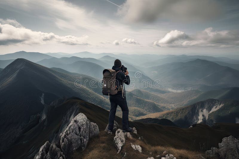 Hiker, with Backpack and Camera, Capturing Stunning View of Mountain ...