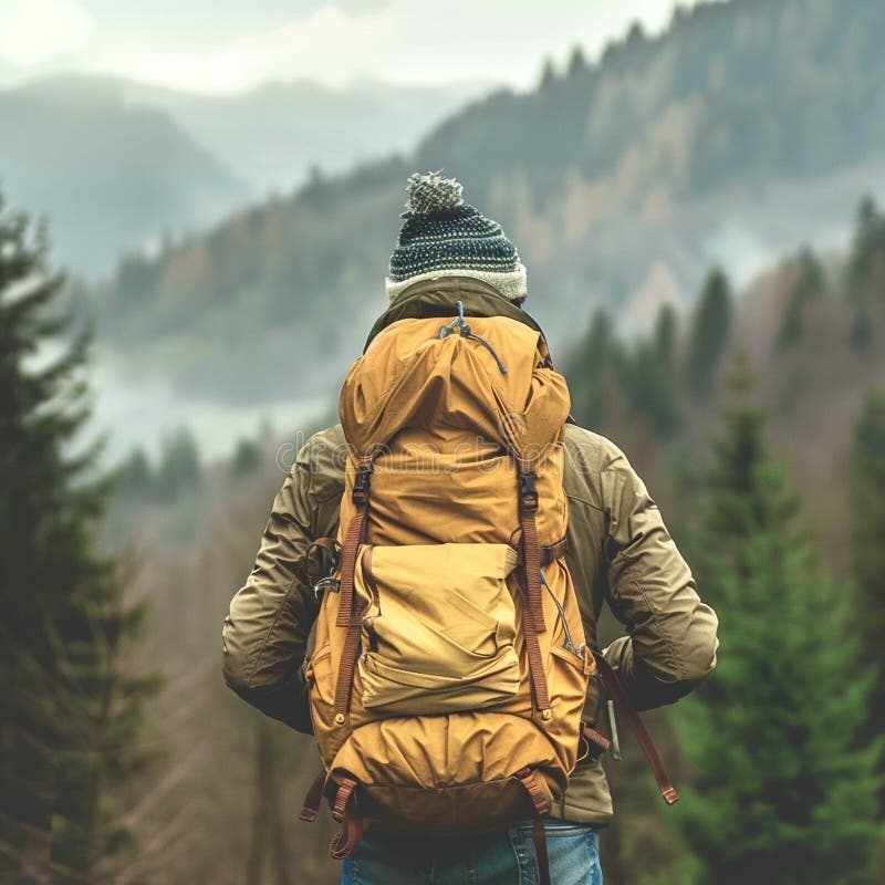 A Hiker with a Backpack Explores the Mountainous Forest Landscape Stock ...