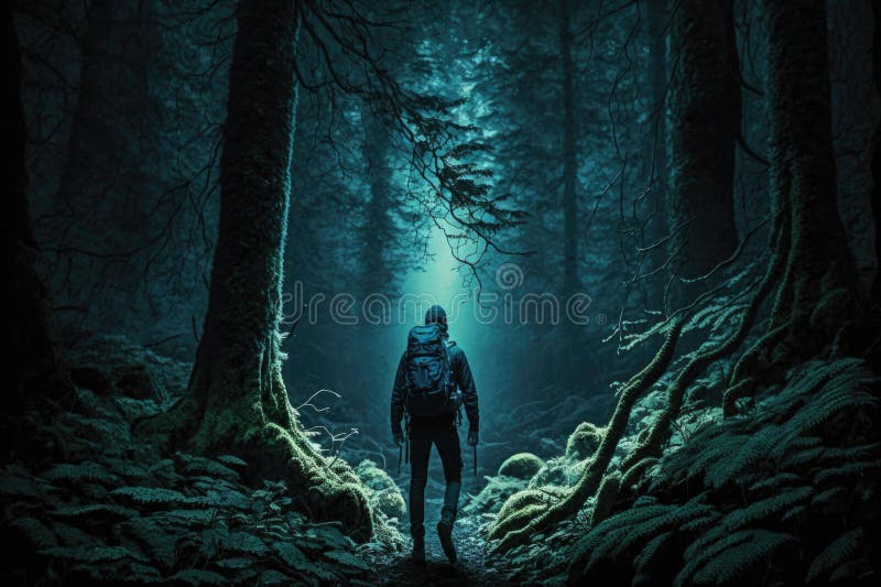 Hiker, with Backpack and Flashlight, Exploring Dark and Mysterious ...