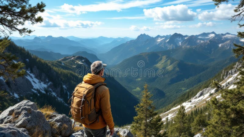 Hiker with Backpack Looking at a Panoramic Mountain View Under a Blue ...