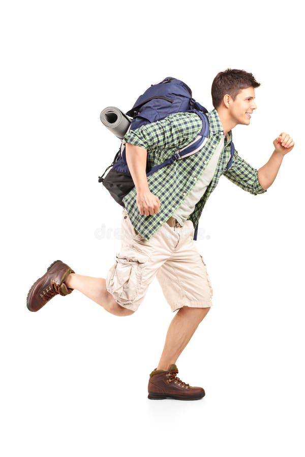 Man with Backpack Running on the Dry Salt Lake. Stock Photo - Image of ...